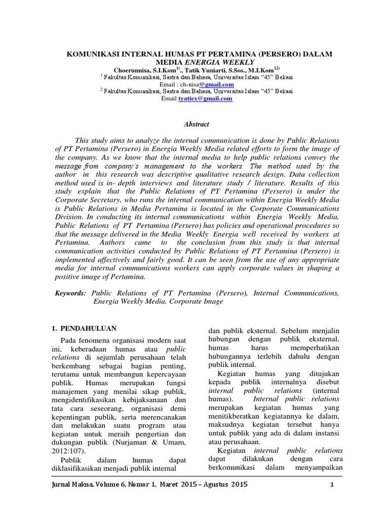 Komunikasi Internal Humas PT Pertamina (Persero) Dalam Media Energia ...