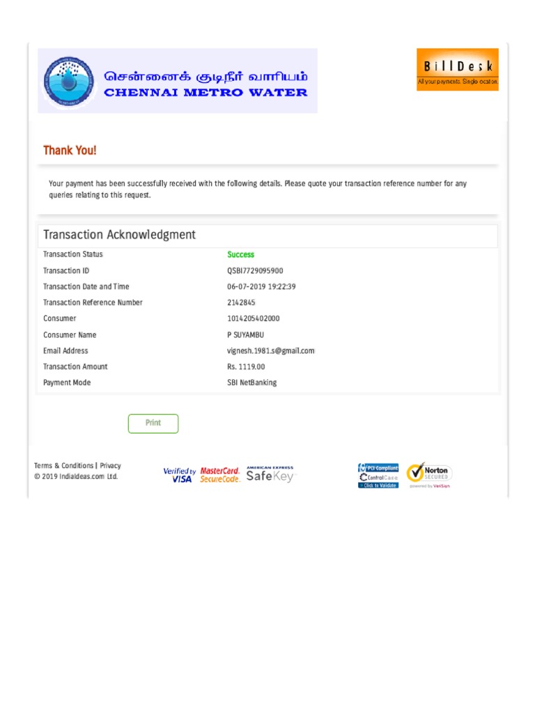Payment Receipt for Rs. 1119 via SBI NetBanking with Transaction ...