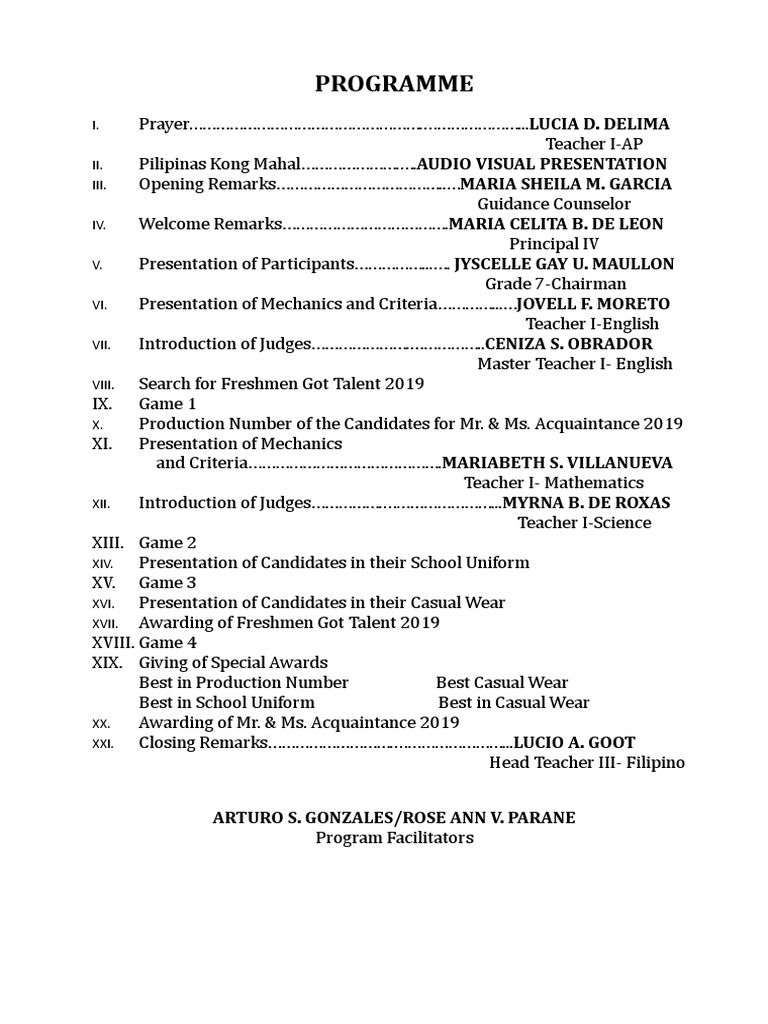 Freshmen Talent Search & Mr. & Ms. Acquaintance Program | PDF