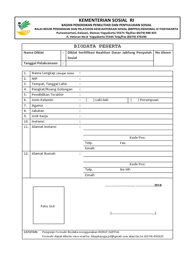 Form Biodata Peserta Diklat | PDF
