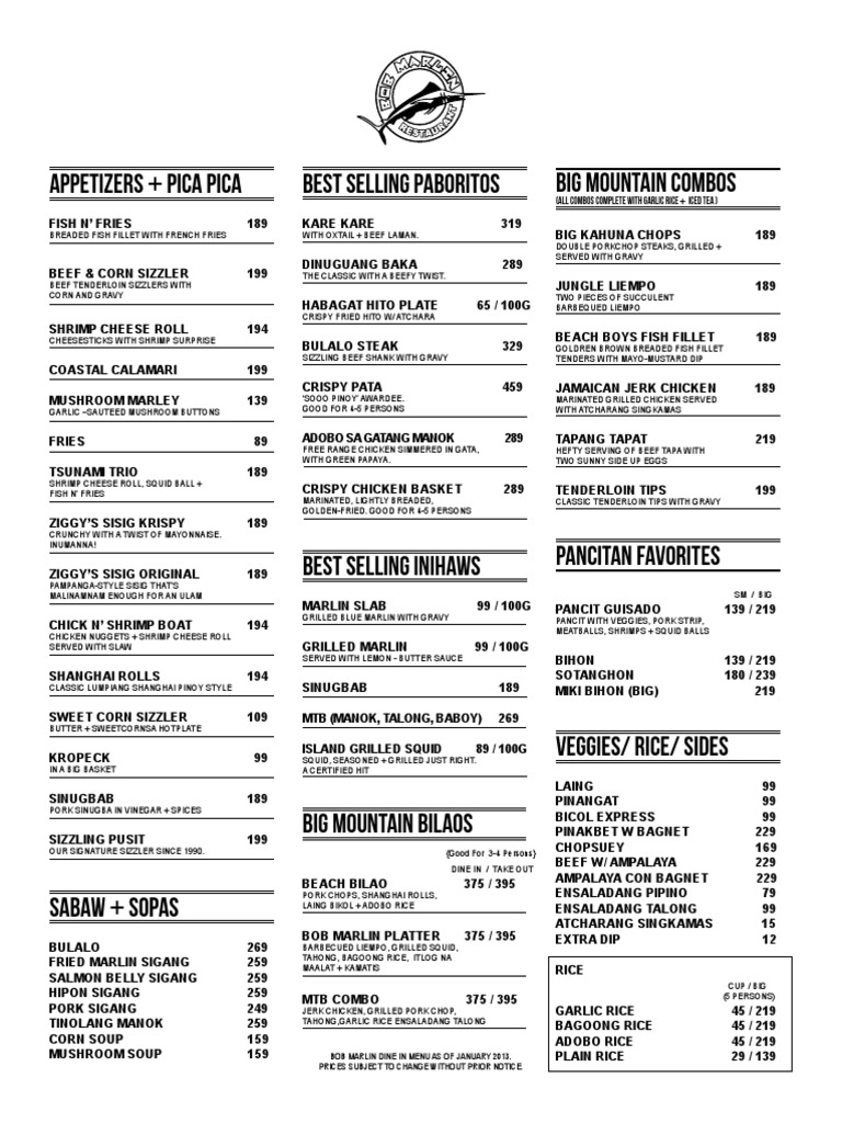 Bob Marlin Restaurant Menu 2023 | PDF | Meat Dishes | Western Cuisine