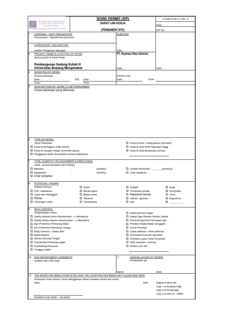 Pembangunan Gedung Kuliah H Universitas Bolaang Mongondow: Work Permit (WP) | PDF | Labor ...