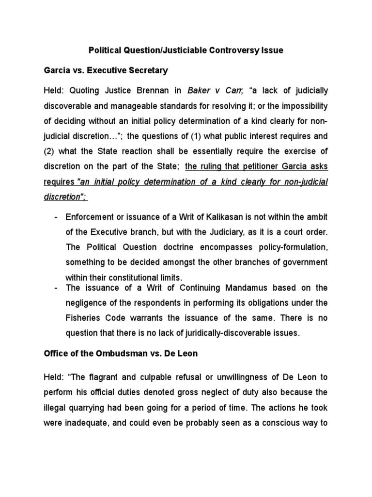 Political Question/Justiciable Controversy Issue Garcia vs. Executive ...