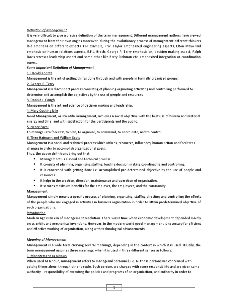Definitions and Concepts of Management | PDF | Behavioural Sciences ...
