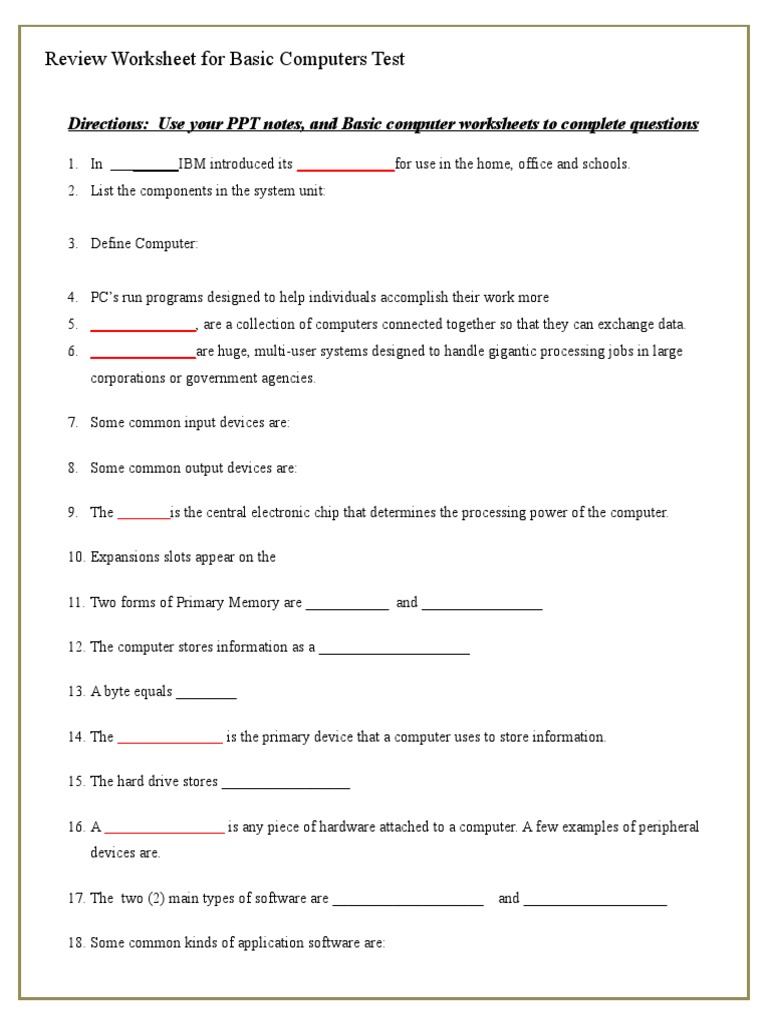 Computer Basics Review Worksheet | PDF