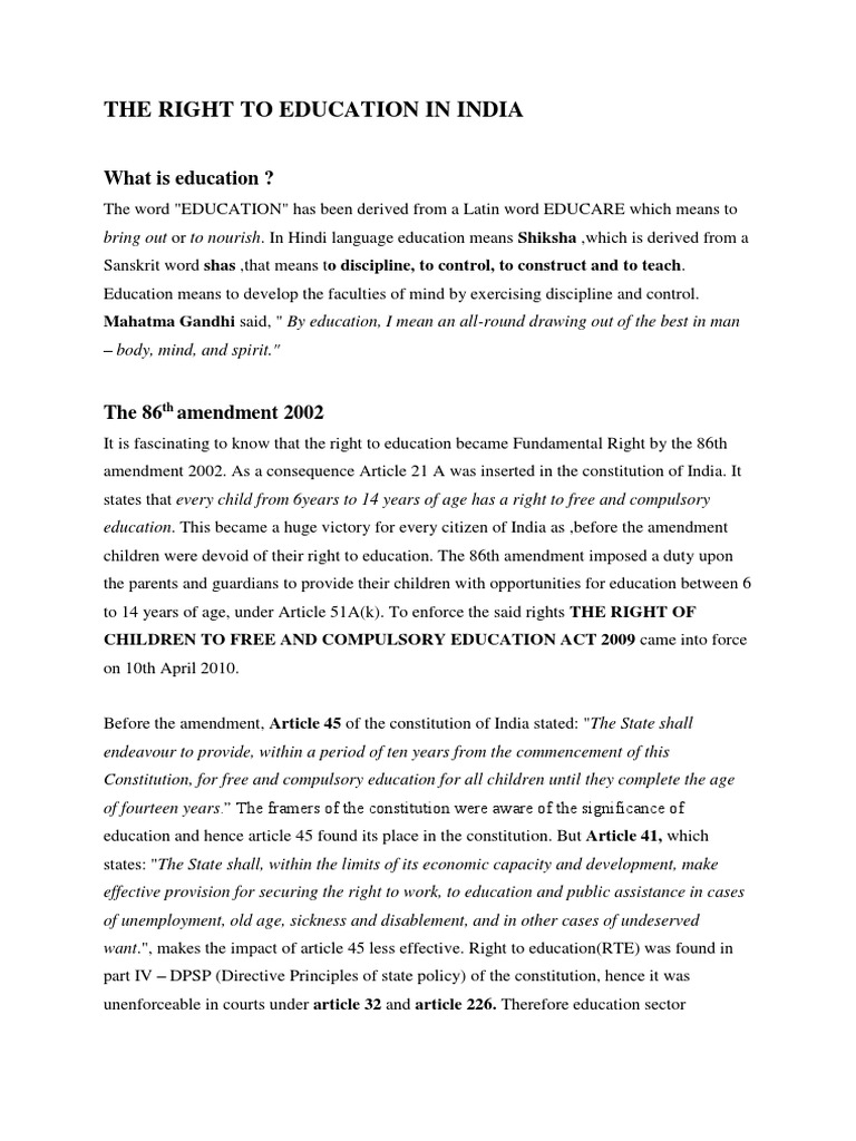 Analysis of the Right to Education in India: Tracing the Constitutional ...