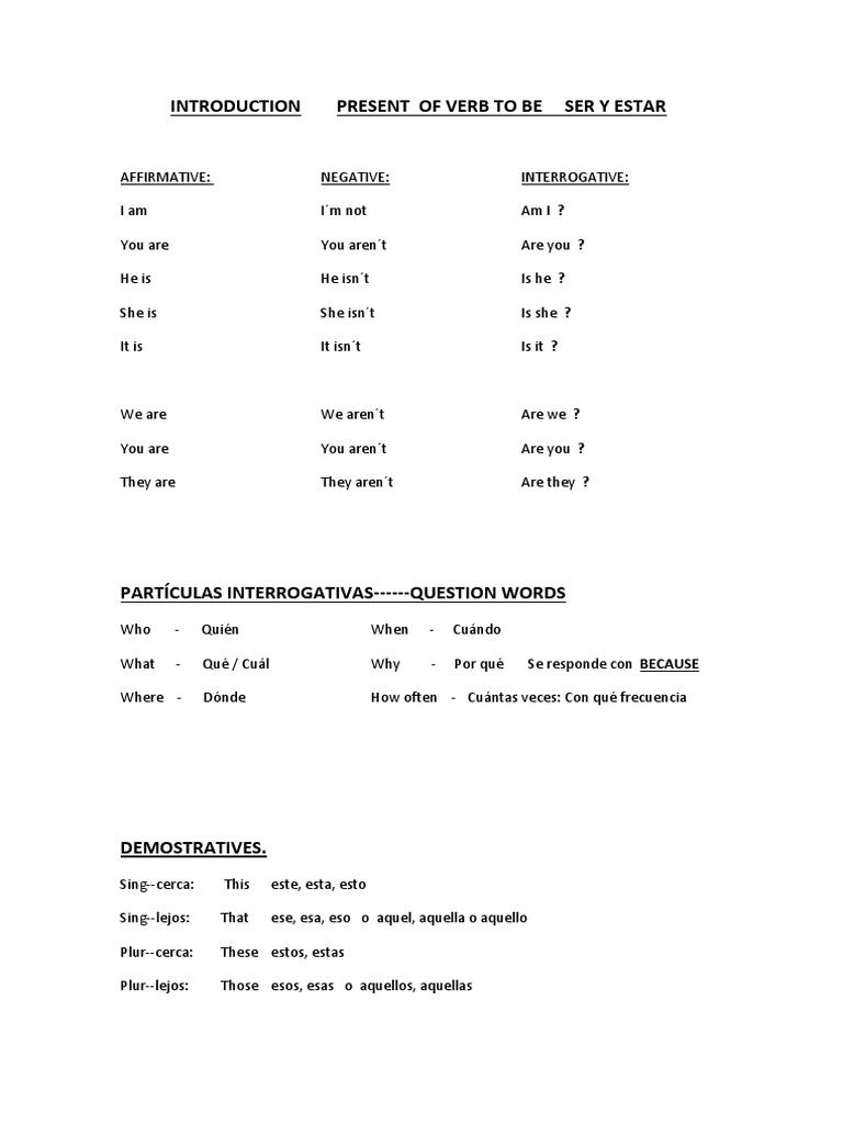 Introduction Present of Verb To Be Ser y Estar | PDF