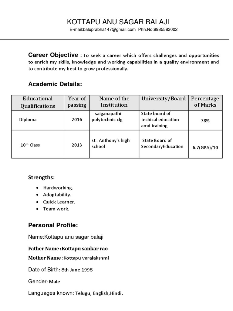 Kottapu Anu Sagar Balaji: Career Objective | PDF