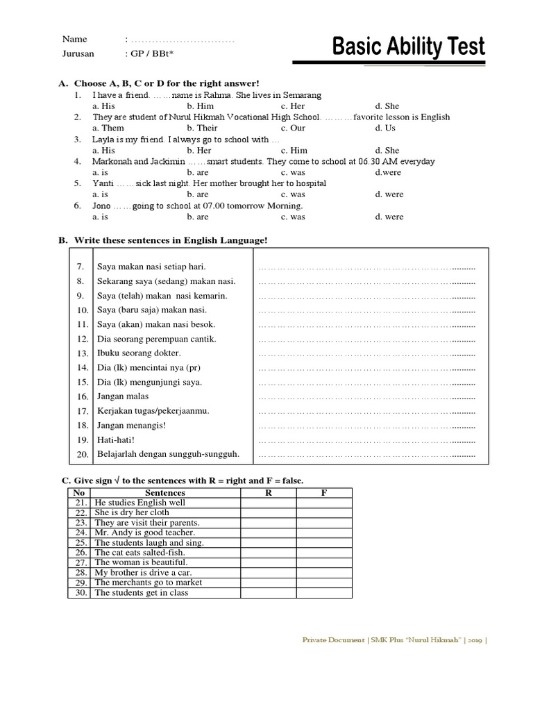 A. Choose A, B, C or D For The Right Answer!: Name: Jurusan: GP / BBT | PDF
