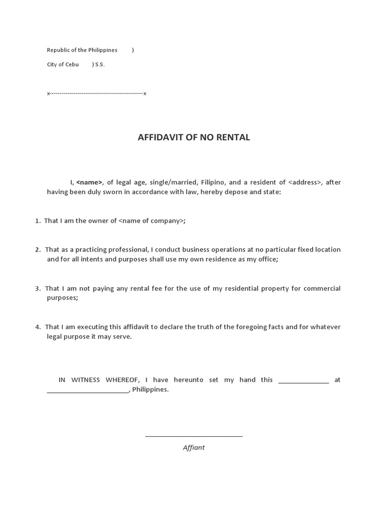 No Rent Affidavit Template