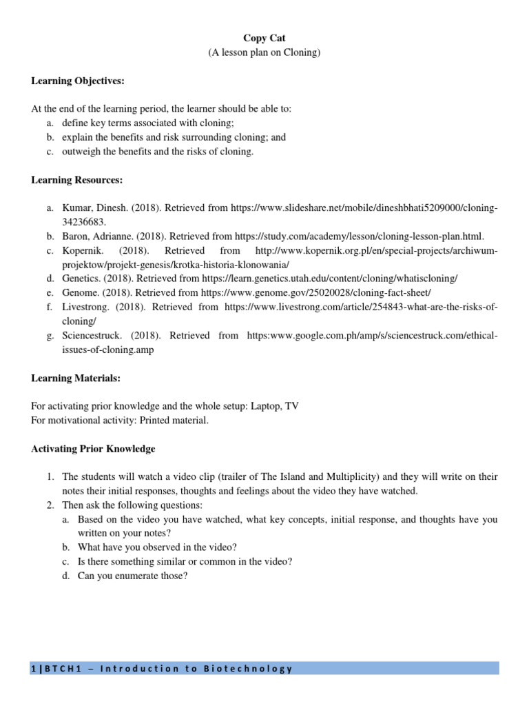 Lesson Plan - Cloning | PDF | Cloning | Biological Processes