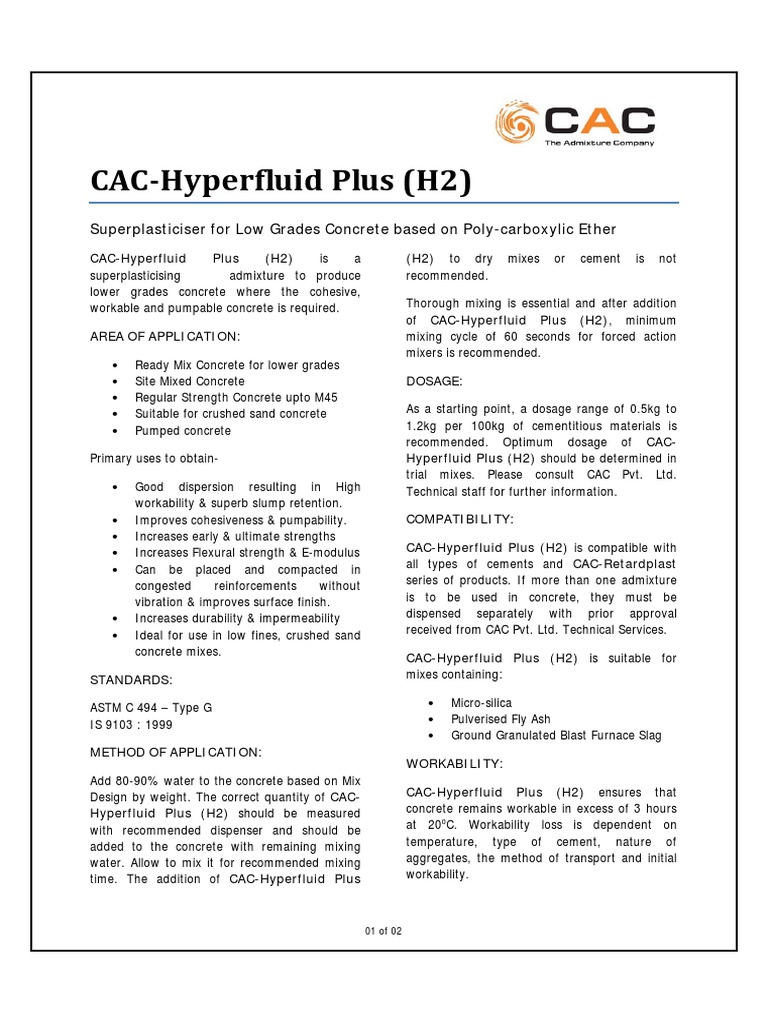 CAC Hyperfluid Plus (H2) : Superplasticiser For Low Grades Concrete Based On Poly-Carboxylic ...