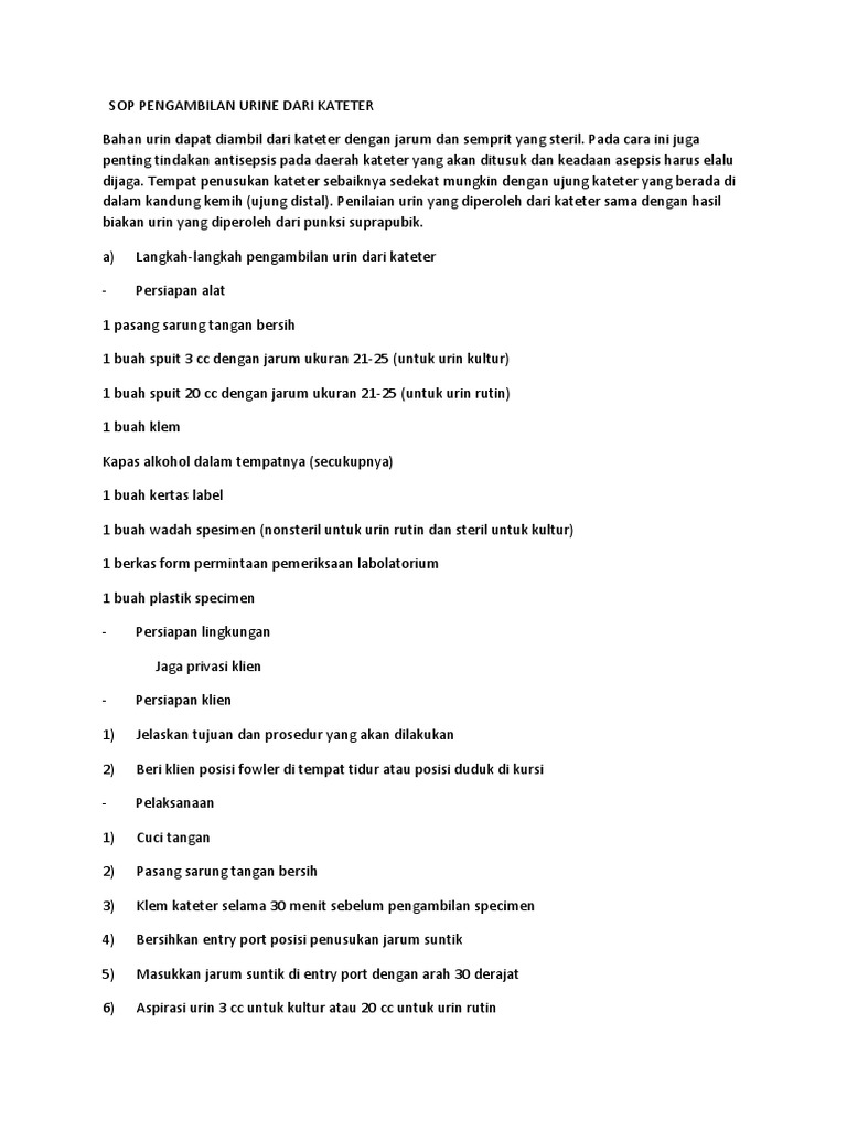Sop Pengambilan Urine Dari Kateter | PDF