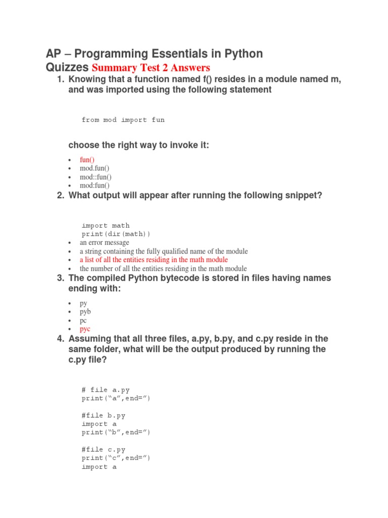 AP - Programming Essentials in Python Quizzes: Summary Test 2 Answers ...