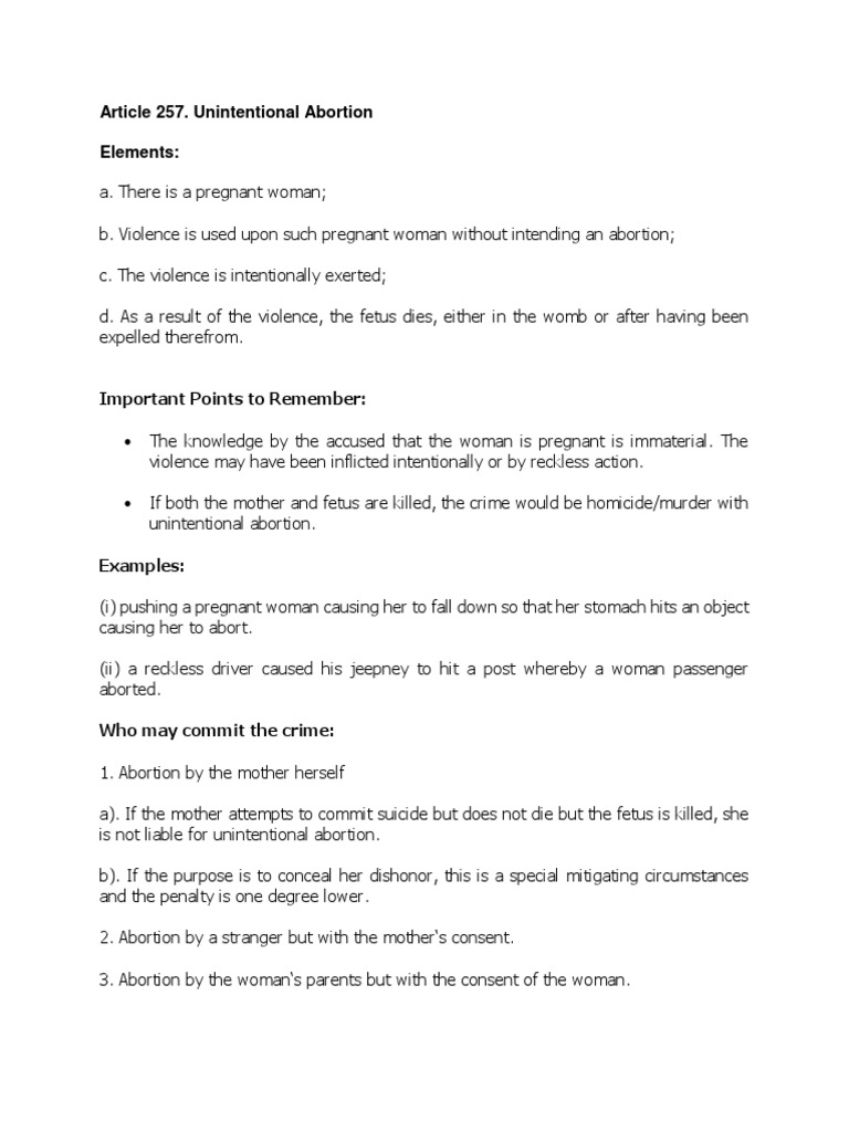 Article 257. Unintentional Abortion Elements | PDF | Abortion | Murder