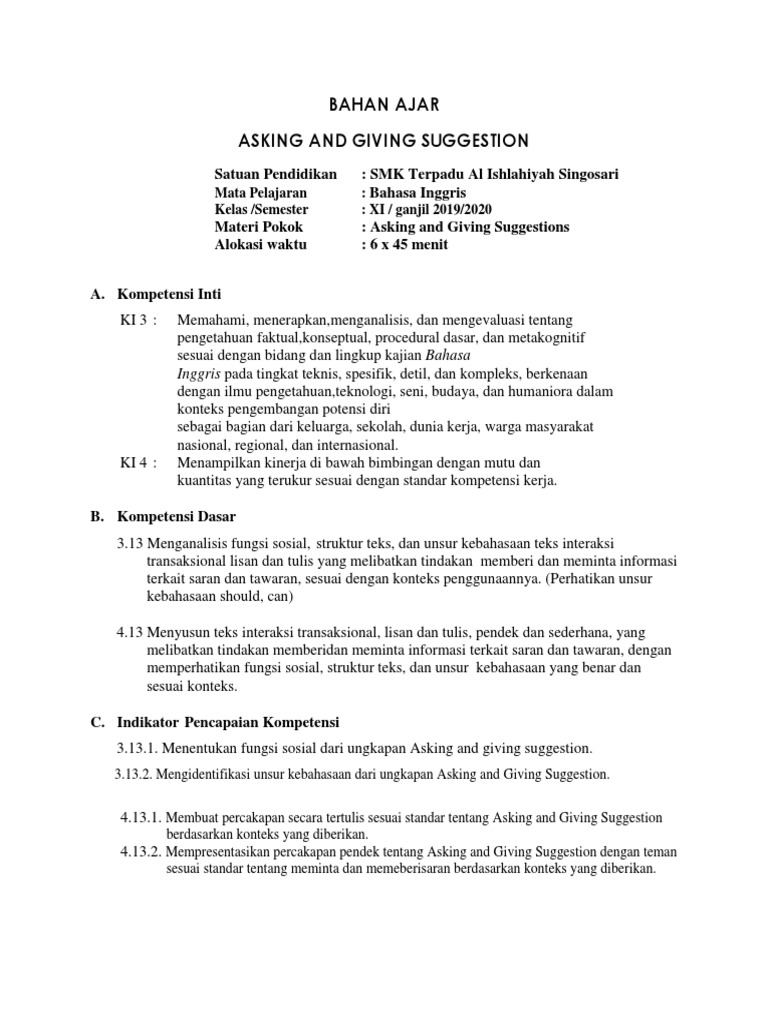Bahan Ajar Asking and Giving Suggestion | PDF