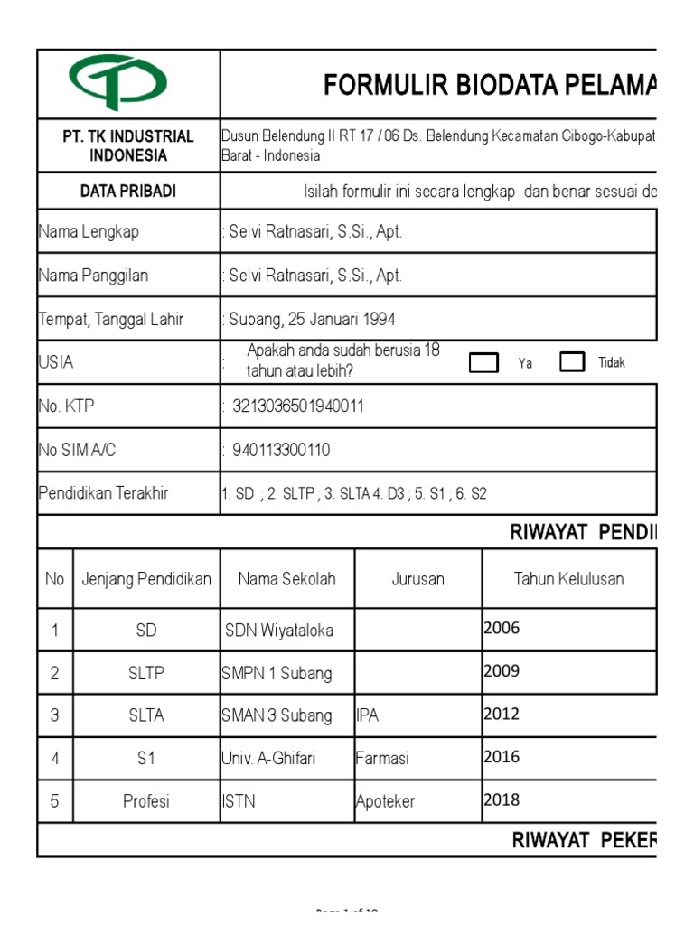 Form Biodata Pelamar 1 | PDF