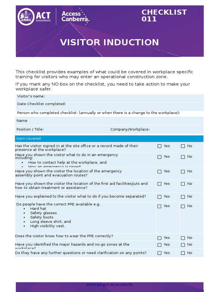 Checklist 011 - Visitor Induction | PDF