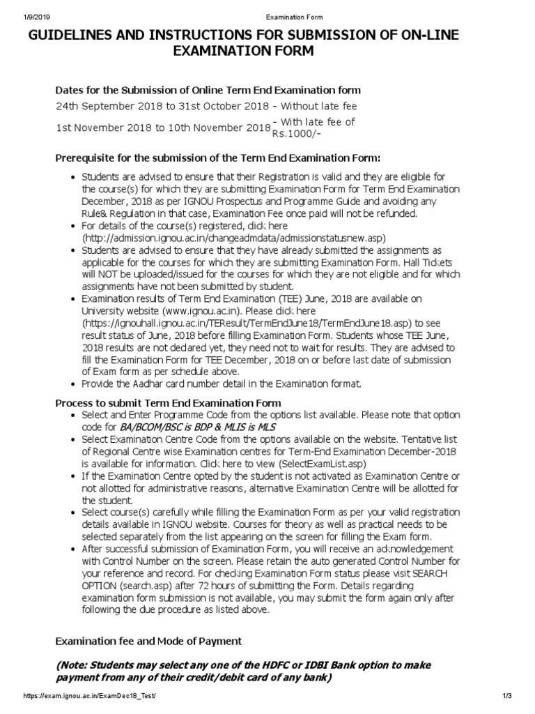 Guidelines and Instructions For Submission of On-Line Examination Form ...