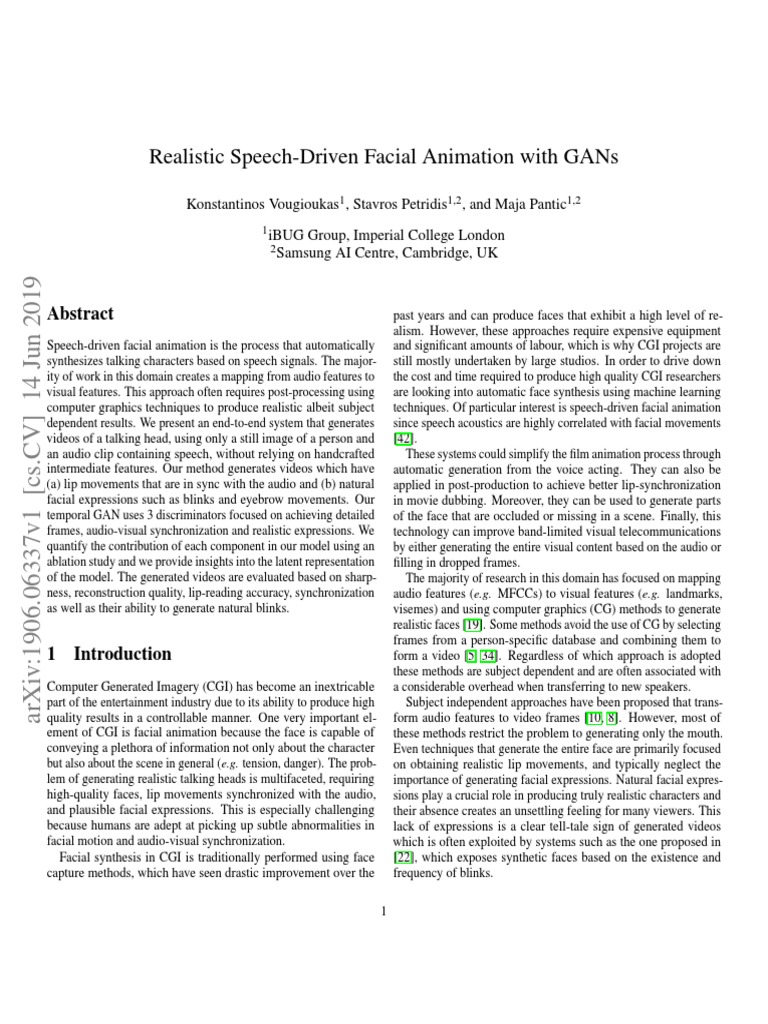 Realistic Speech-Driven Facial Animation With Gans | PDF | Deep Learning | Artificial Neural Network