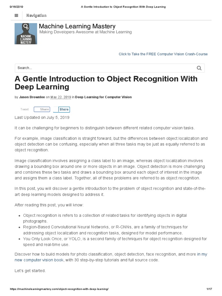 A Gentle Introduction To Object Recognition With Deep Learning Pdf Deep Learning Computer
