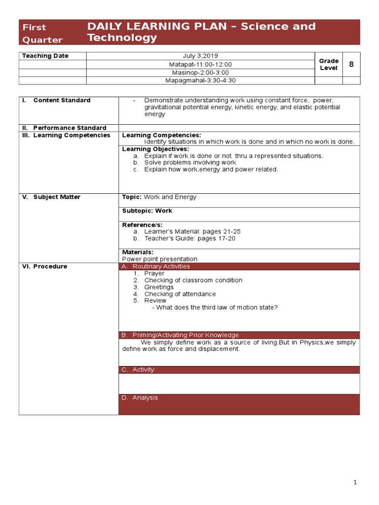 Daily Learning Plan - Science and Technology: First Quarter | PDF ...