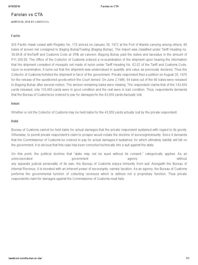 Farolan V Cta Digest | PDF | Customs | Common Law