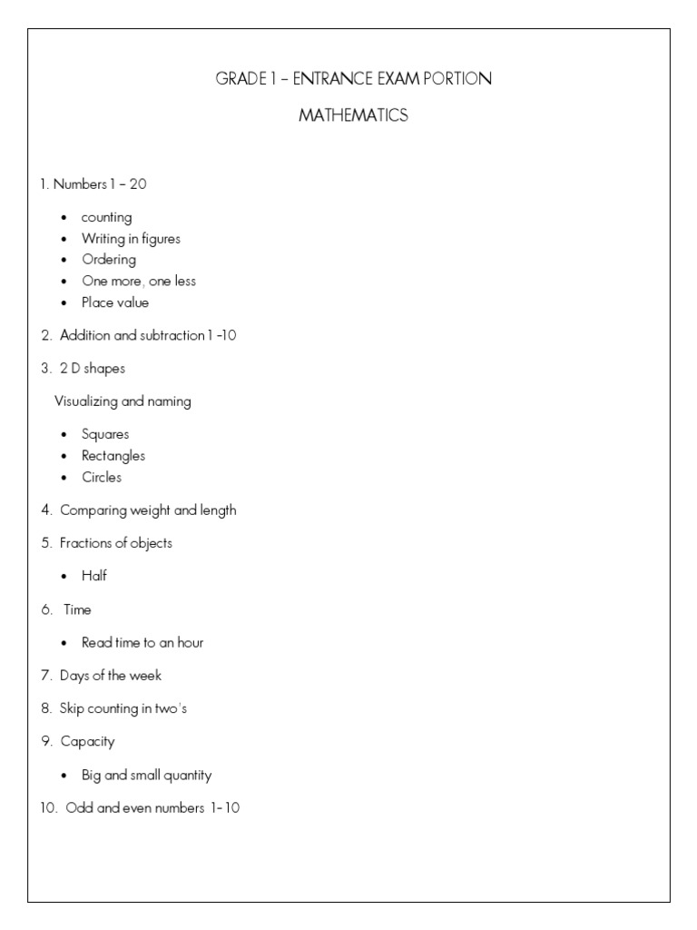 Grade 1 Math Entrance Exam Skills | PDF | Numbers | Elementary Mathematics