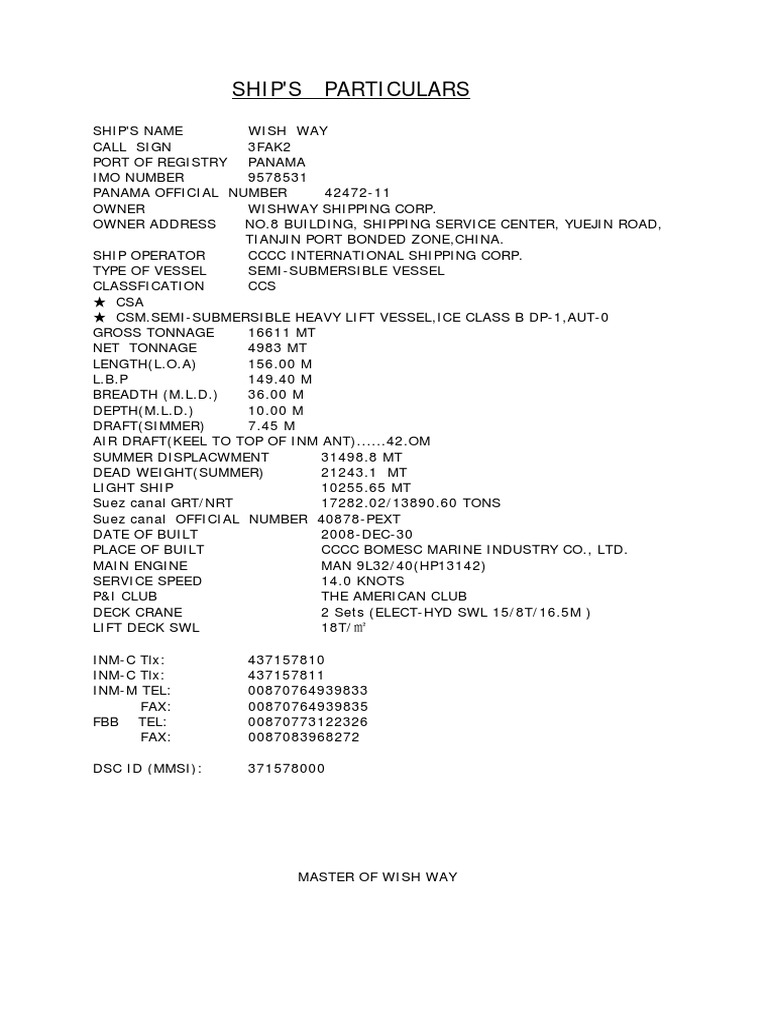 Wish Way Ship Particulars Summary | PDF | Technology & Engineering
