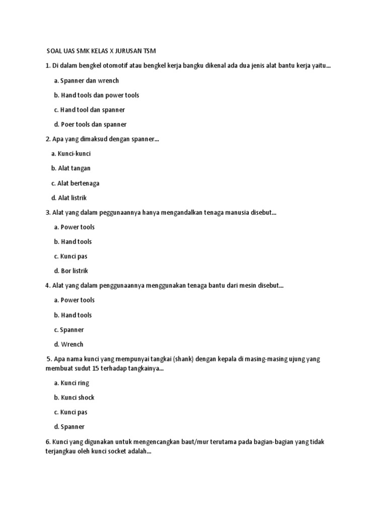 Soal Pdto Uas SMK Kelas X Jurusan TSM | PDF