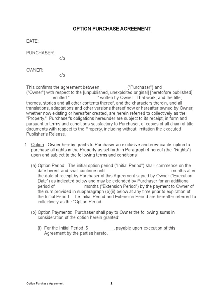 Form Book Option Purchase Agreement | PDF | Arbitration | Indemnity