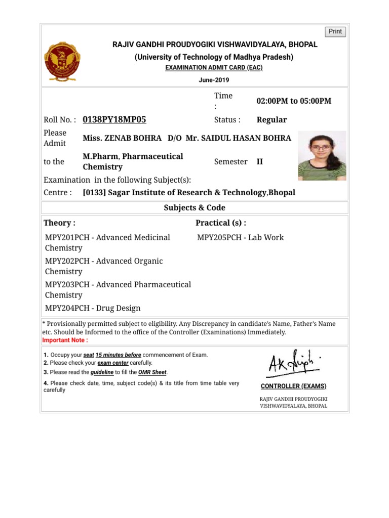 Admit Card Second Sem | PDF
