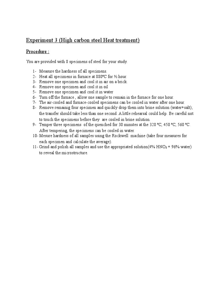 Experiment 3 (High Carbon Steel Heat Treatment) : Procedure | PDF