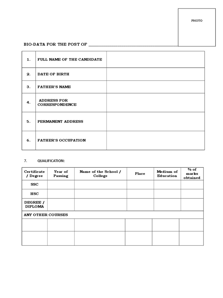 Bio-Data For The Post of | PDF | Educational Assessment And Evaluation ...