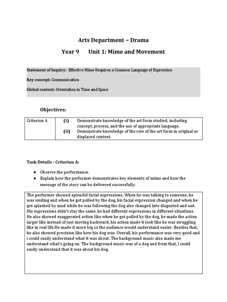 Arts Department Drama Year 9 Unit 1: Mime and Movement | PDF ...