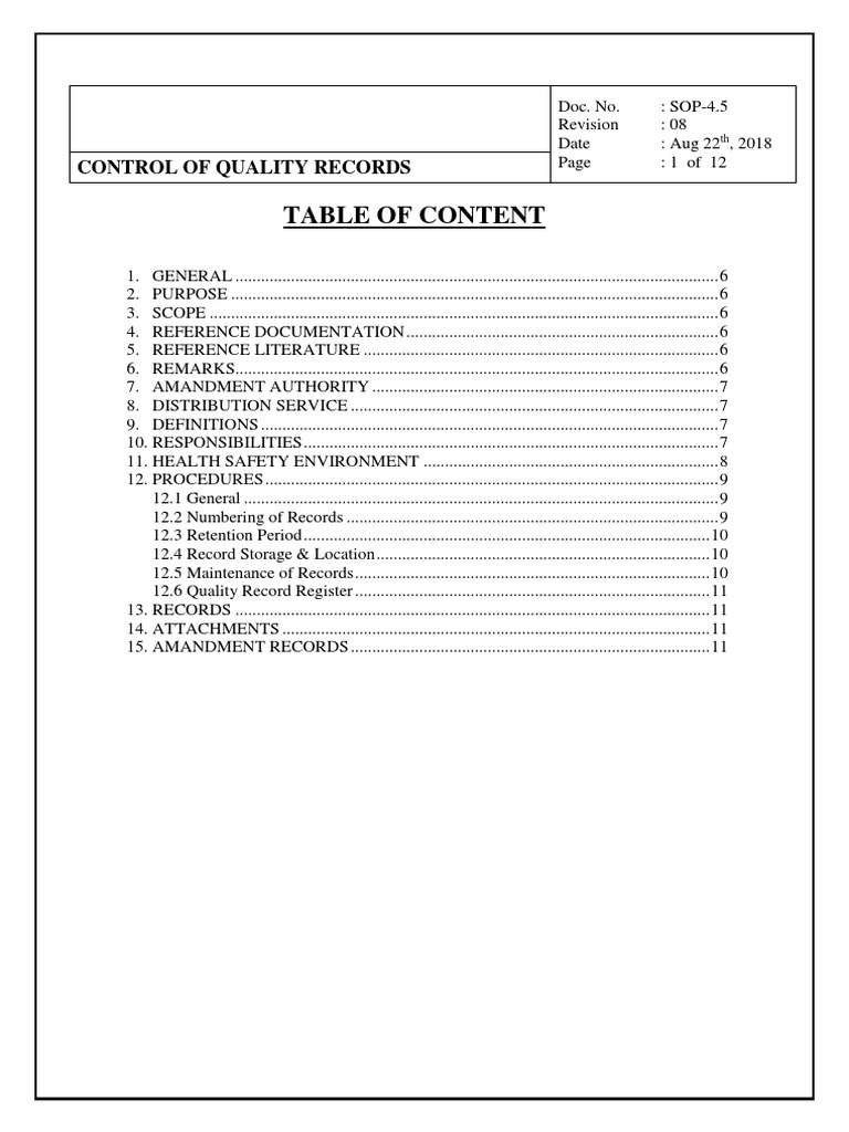SOP - Control of Quality Records | PDF | Quality Assurance | Quality ...