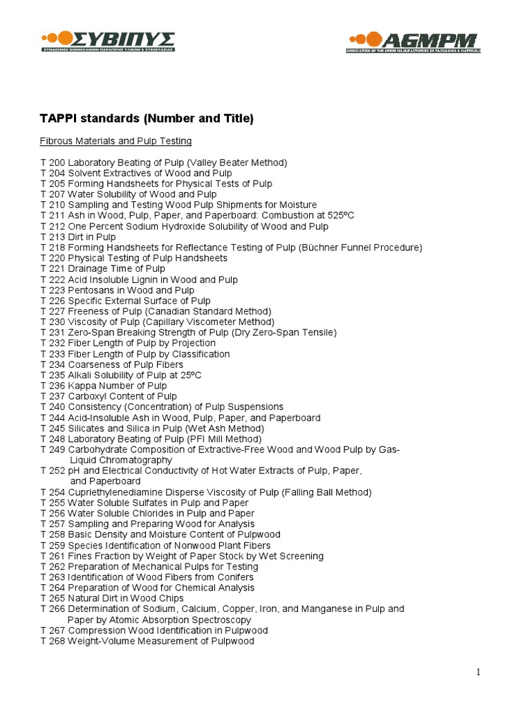 TAPPI standards (Number and Title) | Pulp (Paper) | Paperboard