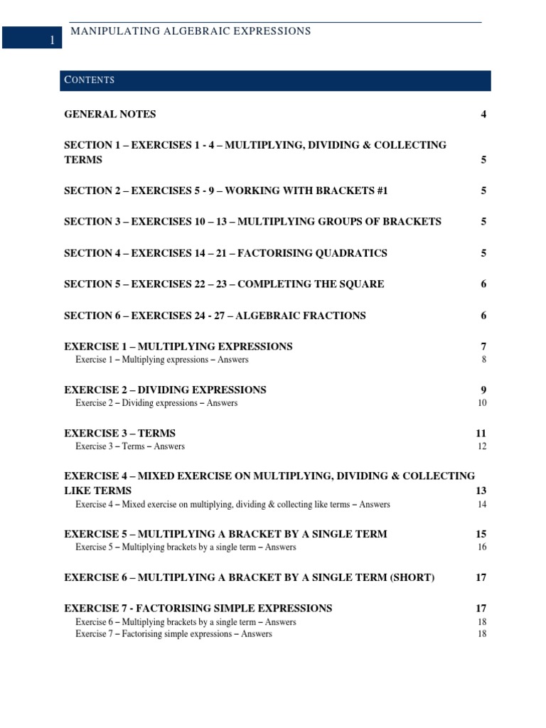 Manipulating Algebraic Expressions: Ontents | PDF | Factorization ...