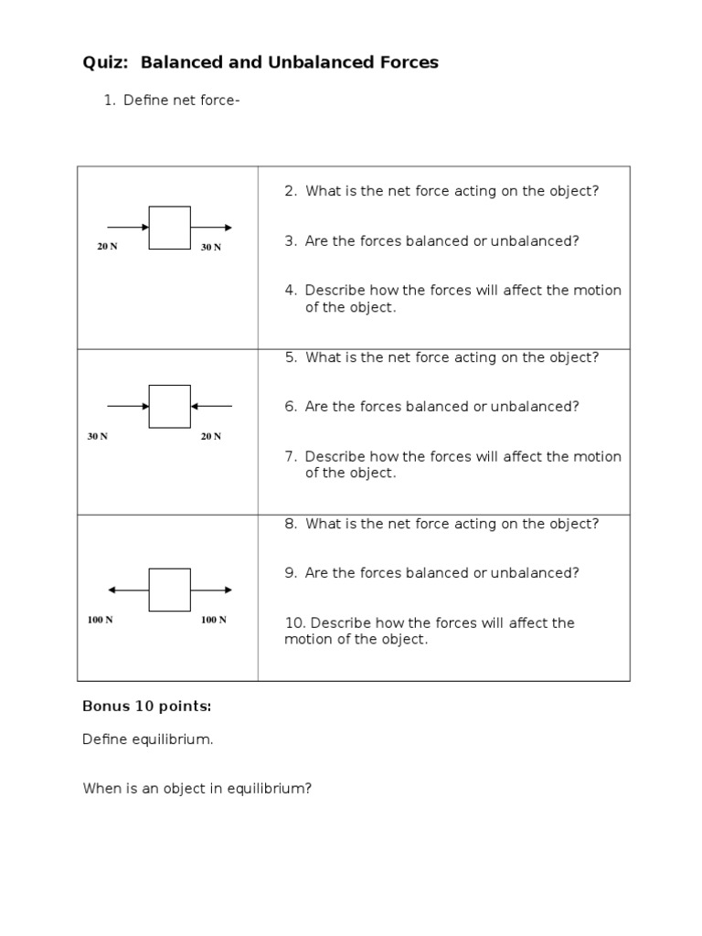 Balanced and Unbalanced Forces Quiz | PDF