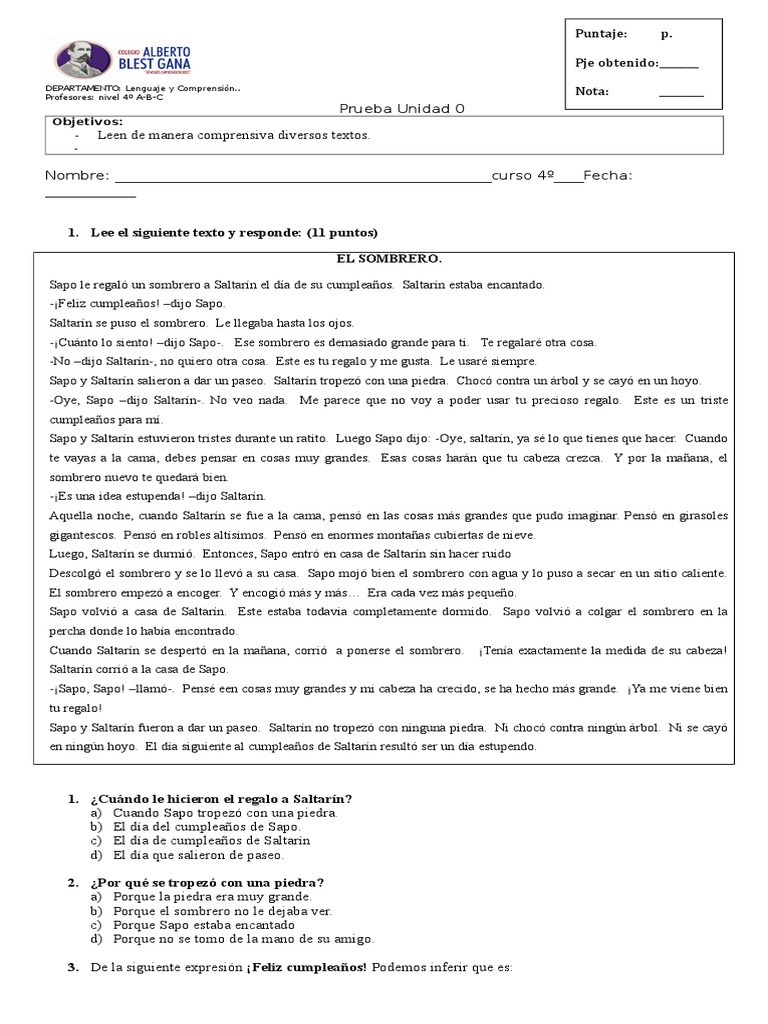 Prueba de Comprensión Lectora 4º Grado | PDF