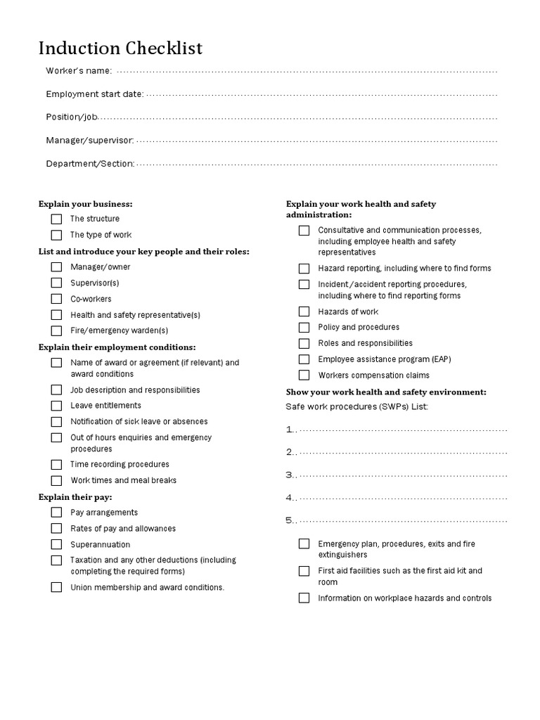 Induction Checklist for New Employees | PDF | Occupational Safety And ...