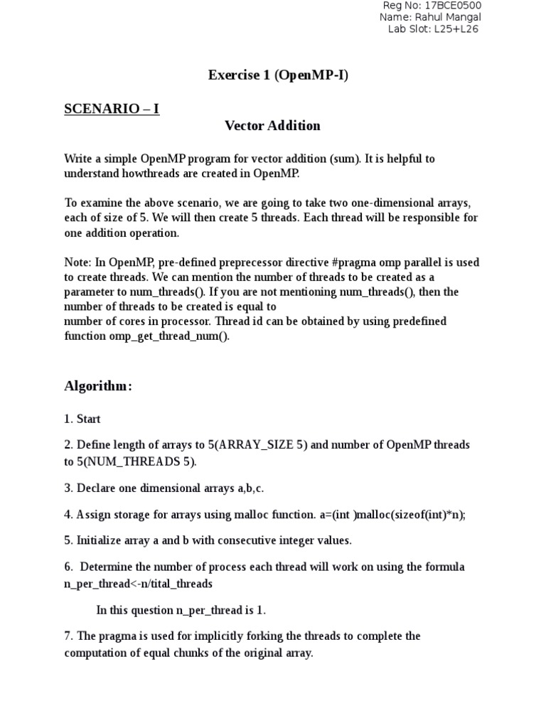 Vector Addition Exercise 1 Openmp I Scenario I Pdf Computer 