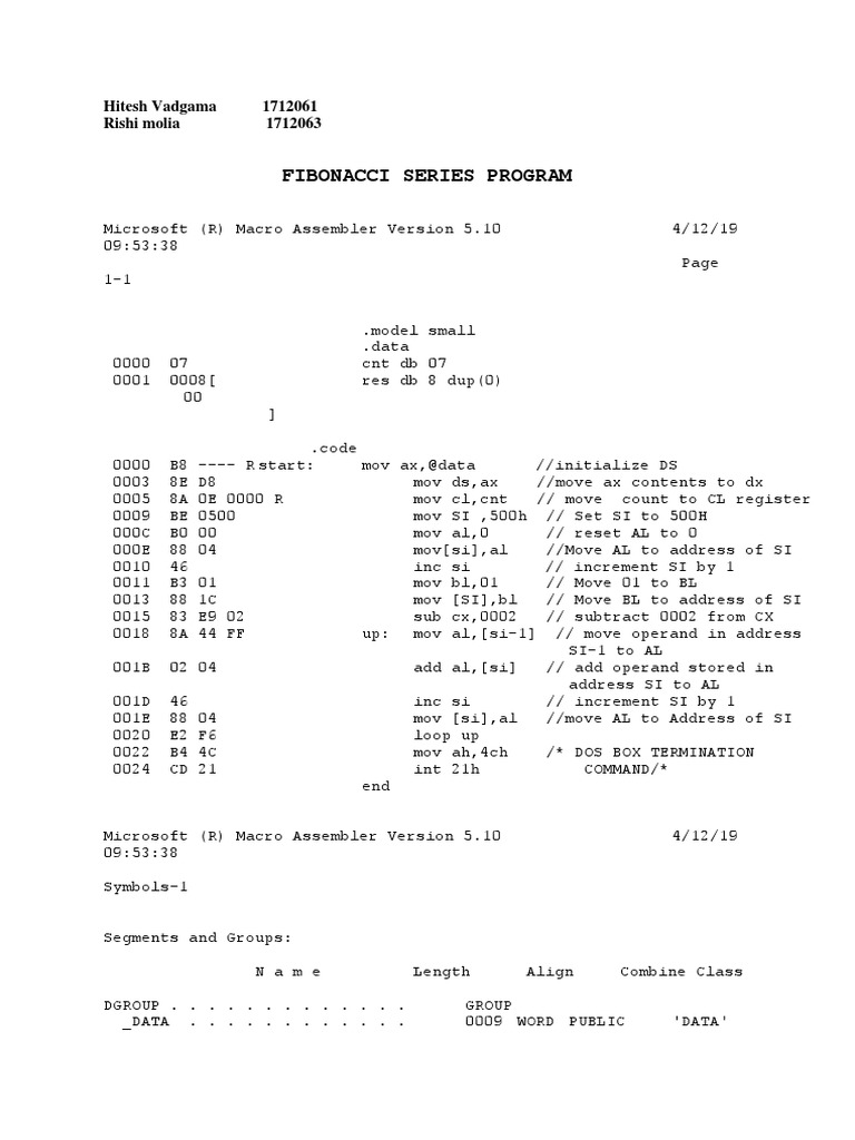 Fibonacci Series Program: Hitesh Vadgama 1712061 Rishi Molia 1712063 ...
