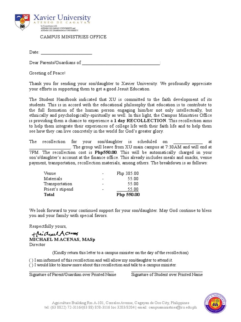 1 Day Recollection Parents Consent 2018 | PDF