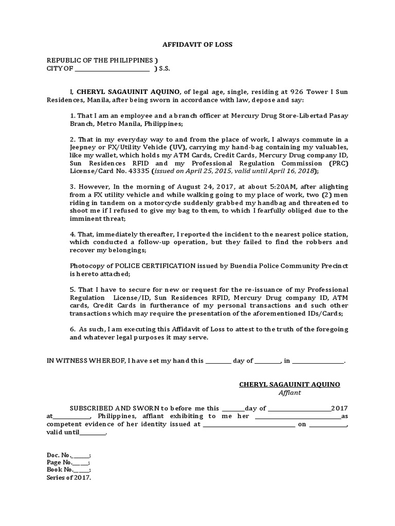Affidavit of Loss: Doc. No. - Page No. - Book No. - Series of 2017 | PDF | Affidavit | Identity ...