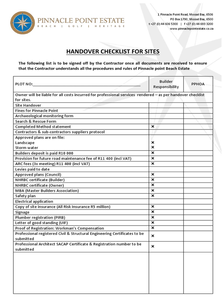 Handover Checklist For Sites 2016 | PDF | Building | Architect