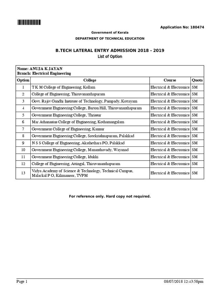 Kerala B.Tech Lateral Entry Options 2018 | PDF