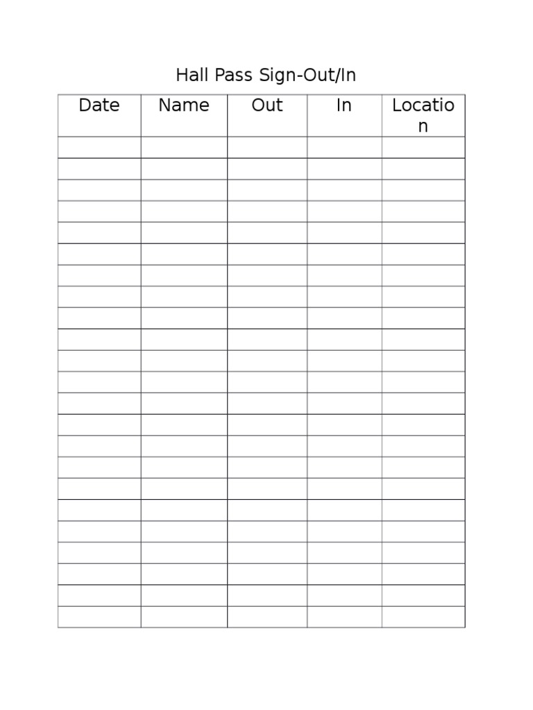 Hall Pass Sign-Out/In Date Name Out in Locatio N | PDF