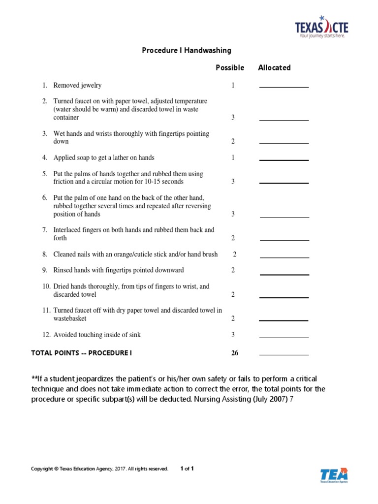 Procedure I Handwashing and Rubric | PDF
