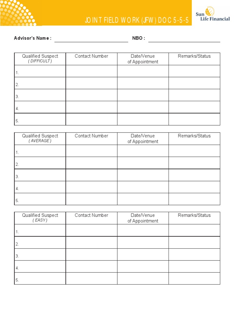 Joint Field Work (JFW) Doc 5-5-5: Qualified Suspect Contact Number Date ...